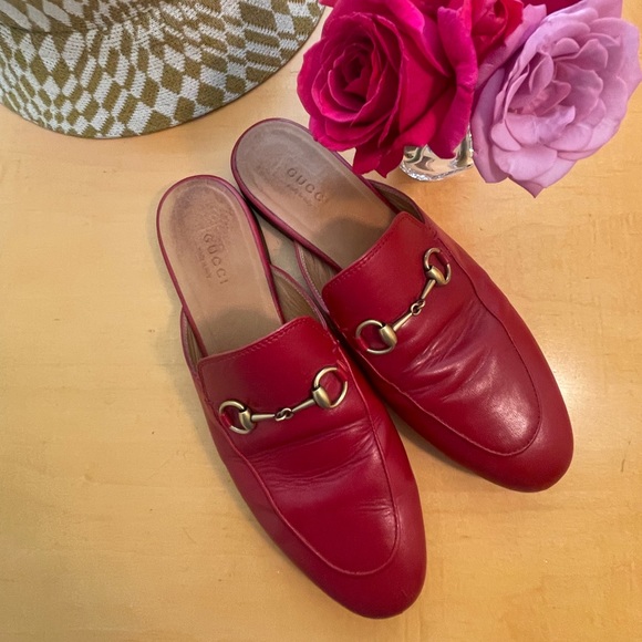 Gucci | Shoes | Gucci Princetown Red Leather Horsebit Loafer Mules Eu ...